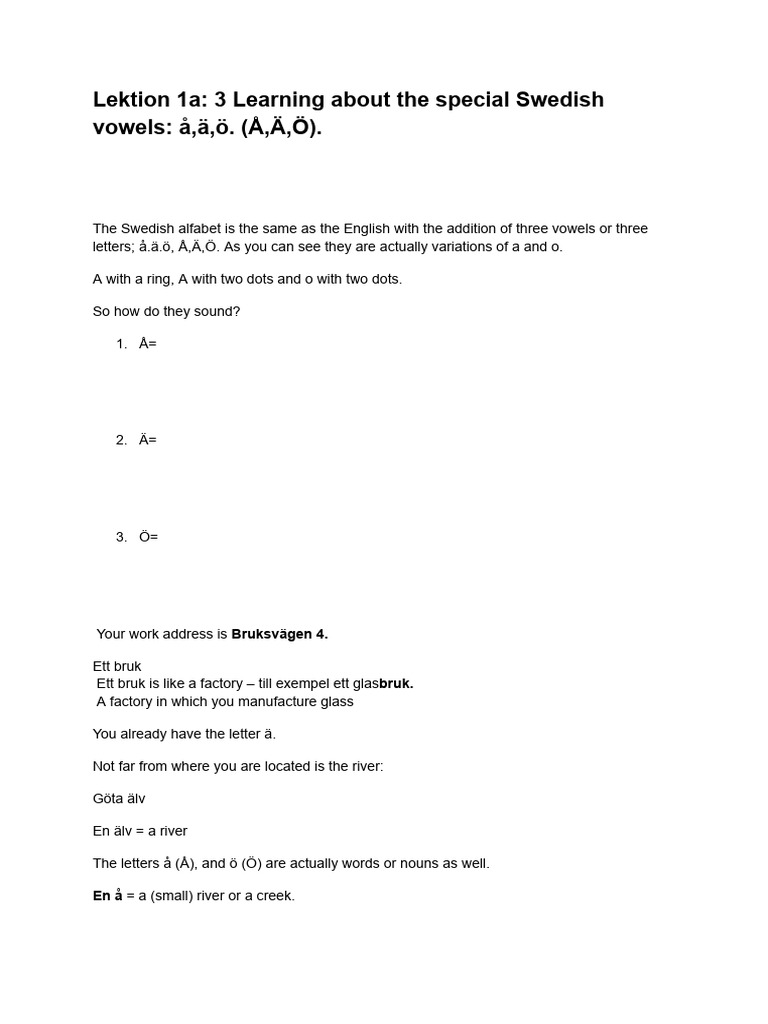 Lektion 1a 3 Learning About The Special Swedish Vowels Aao | PDF