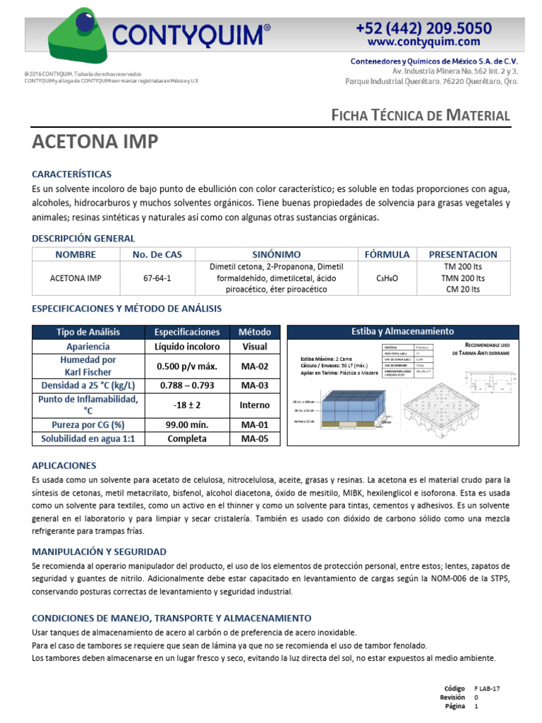 Acetona Imp-Ficha Tecnica-Contyquim. | PDF | Solvente | Compuestos químicos