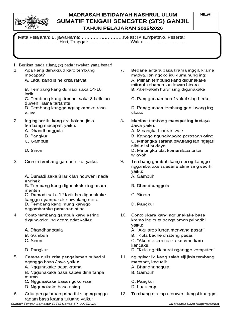 Soal STS B Jawa KLS 4 2025 | PDF