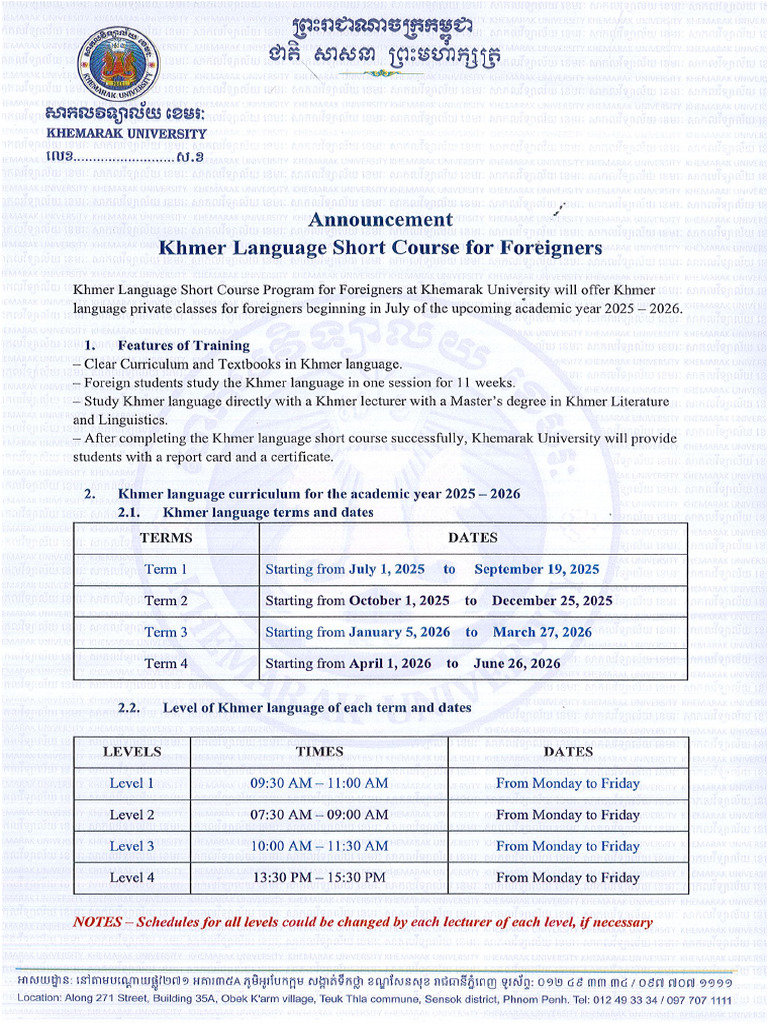 ANNOUNCEMENT kHMER COURSE 25-26 | PDF