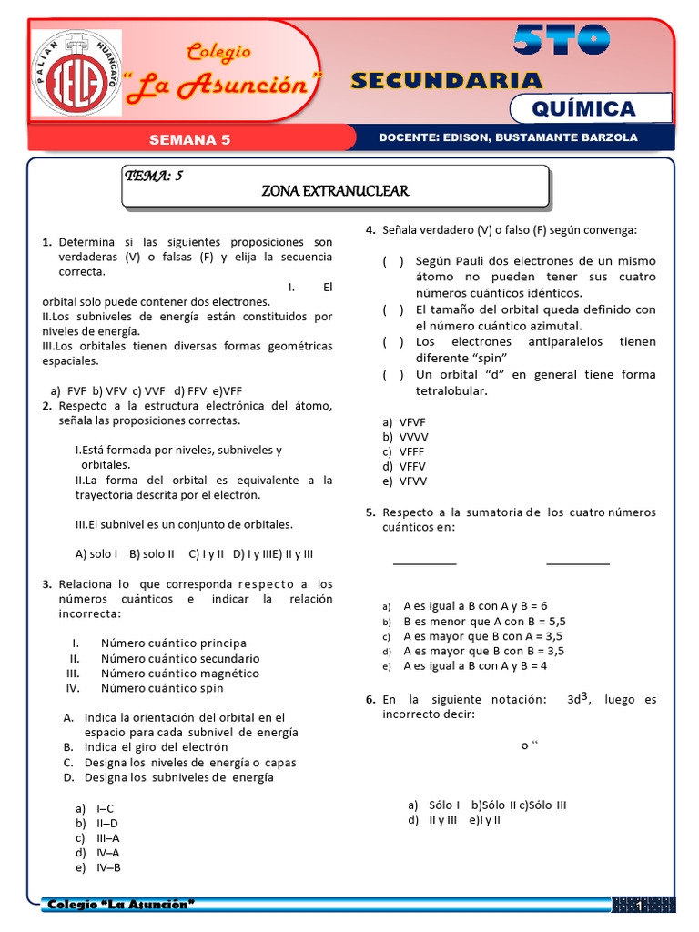 Tema - Zona Extranuclear-Química 5to A-B-C | PDF | Configuración ...