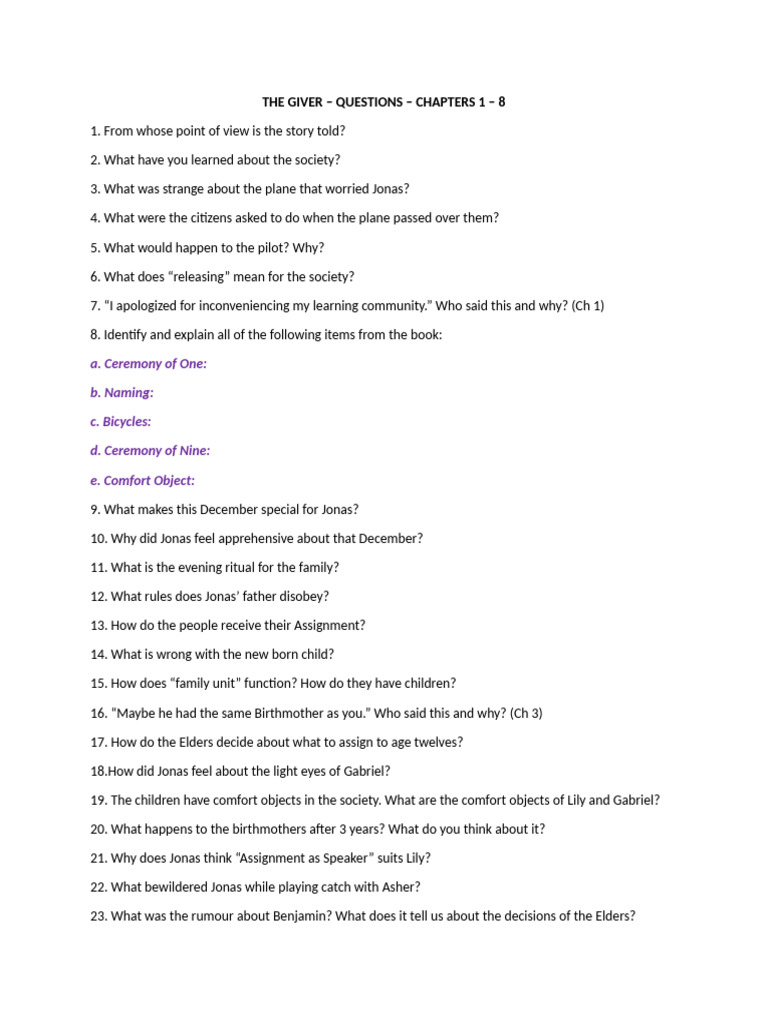 THE GIVER - Questions - Chapters 1-8 | PDF