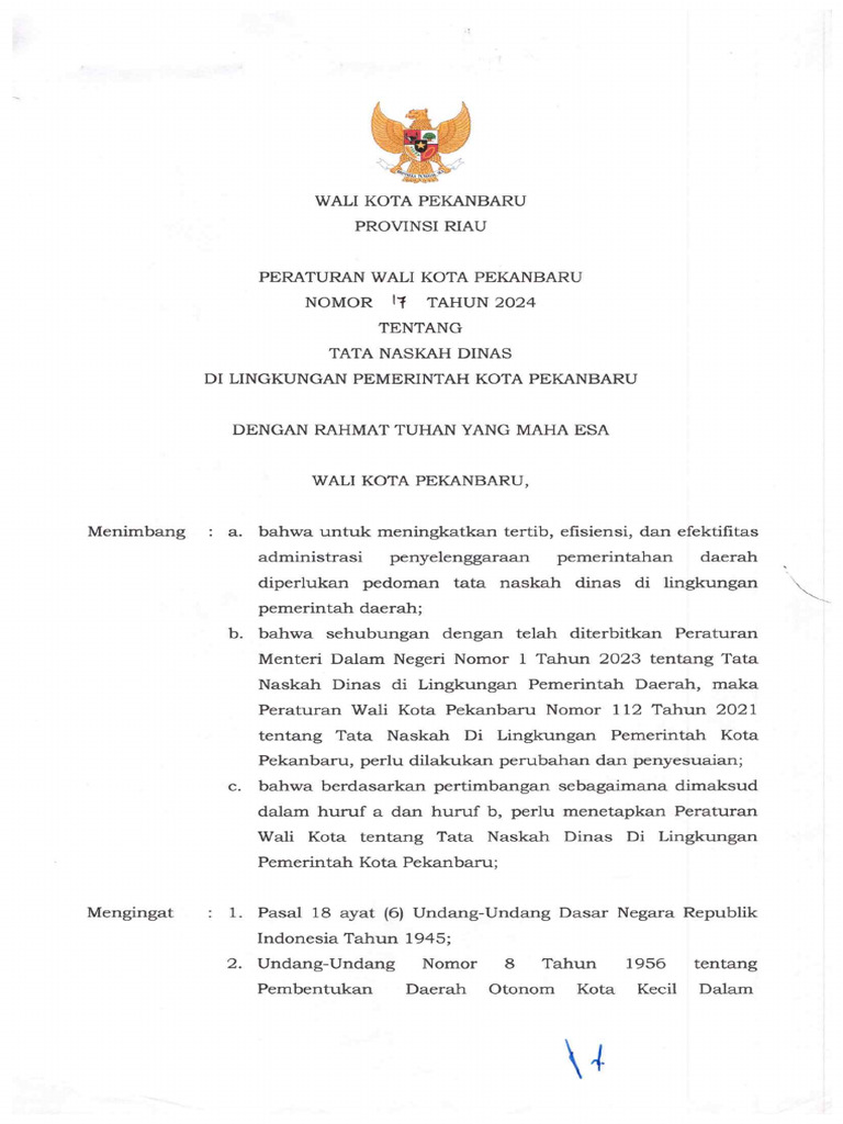 Perwa No 17 Tahun 2024 Tata Naskah Dinas Di Lingkungan Pemerintah Kota ...