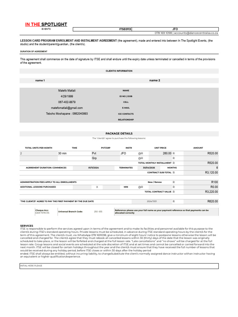 Dance Lesson Enrollment Agreement | PDF | Payments | Legal Liability