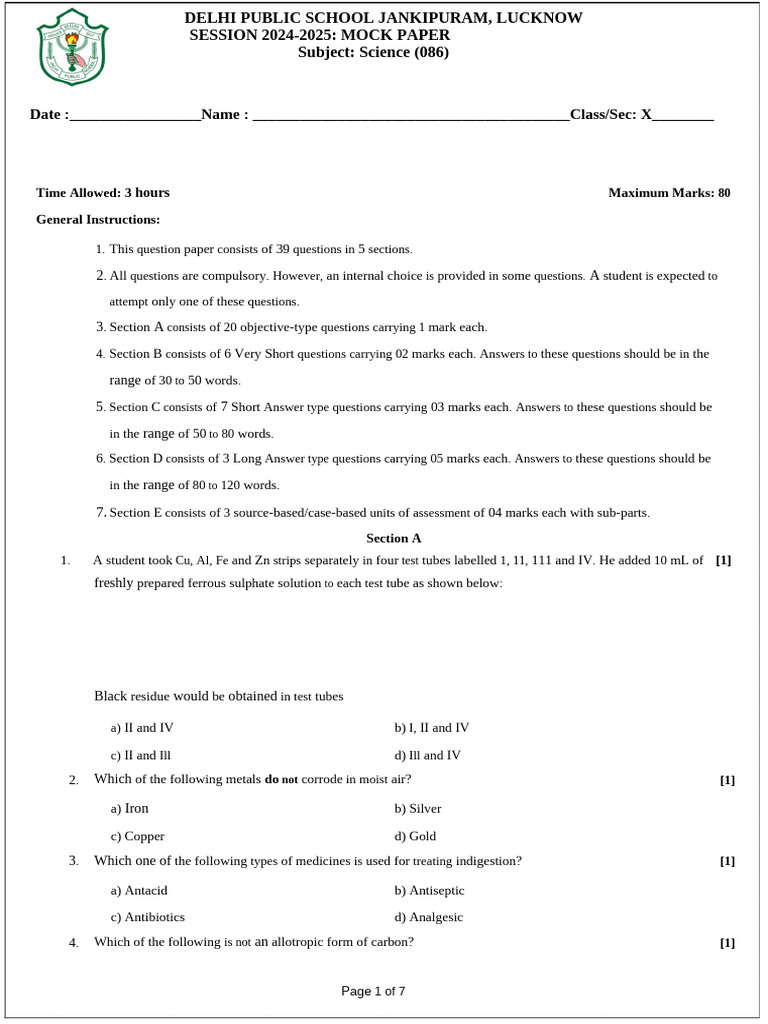 Science Class 10 Practise Paper | PDF | Magnetic Field