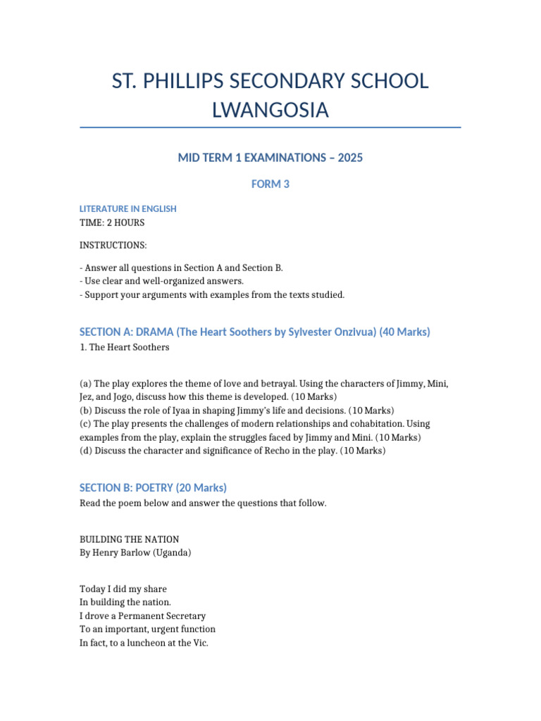 Form 3 Literature Exam 2025 | PDF | Poetry