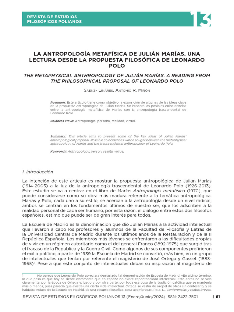 LA ANTROPOLOGÍA METAFÍSICA DE JULIÁN MARÍAS. UNA LECTURA DESDE LA PROPUESTA FILOSÓFICA DE ...