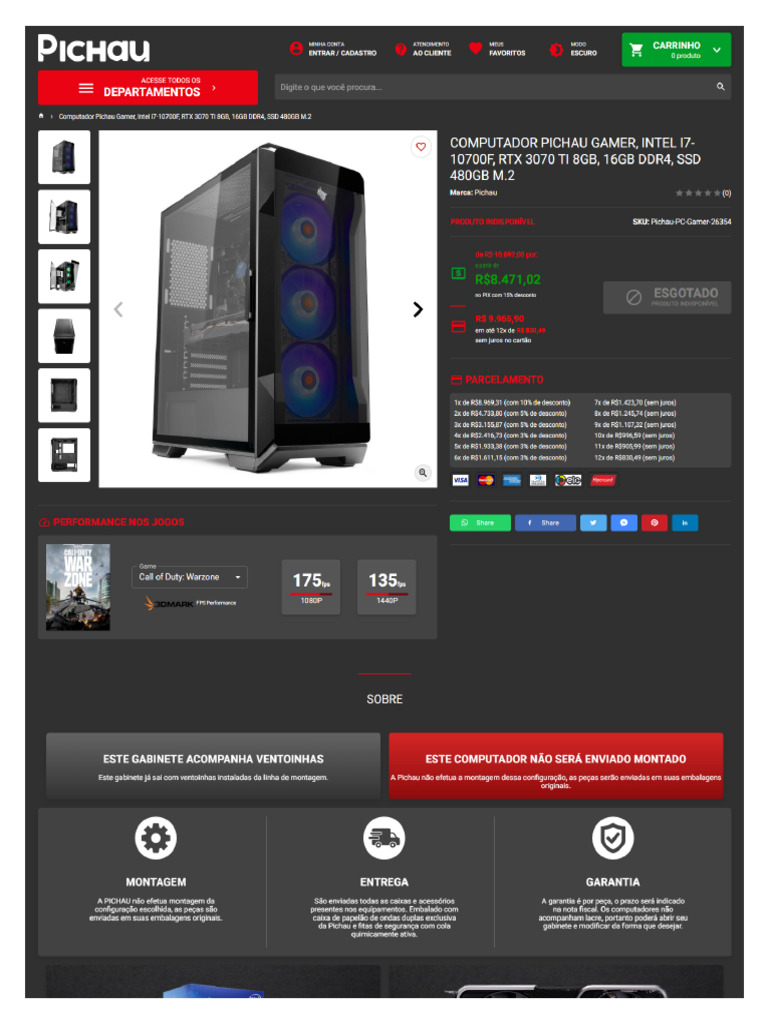 Screencapture Pichau BR Computador Pichau Gamer Intel I7 10700f RTX 3070 8gb 16gb ddr4 SSD 480gb ...