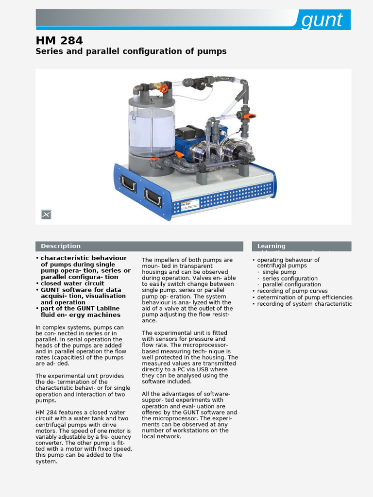 HM 284 Series and Parallel Configuration of Pumps Gunt 843 PDF - 1 - en GB | PDF | Pump | Flow ...