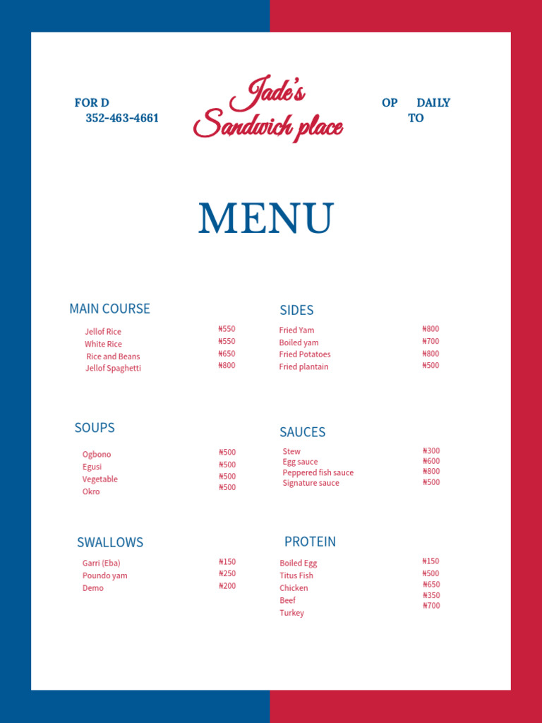 Free French Sandwich Sub Menu Template | PDF
