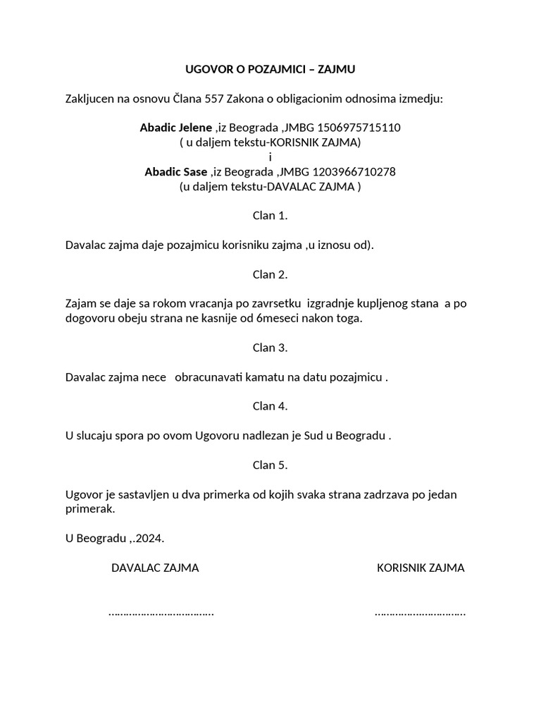 Ugovor o Pozajmici | PDF