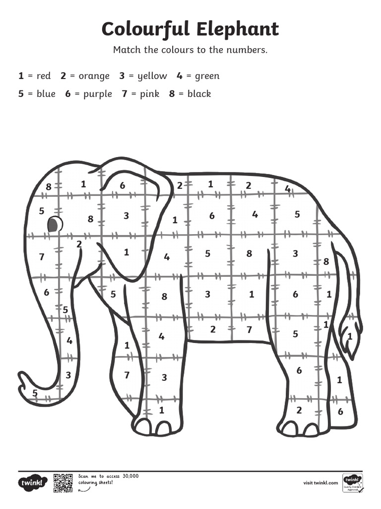 Colourful Elephant: Match The Colours To The Numbers. Red Orange Yellow ...