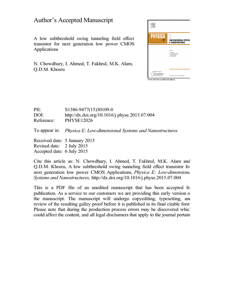 A Low Subthreshold Swing Tunneling Field Effect | PDF | Mosfet | Field ...