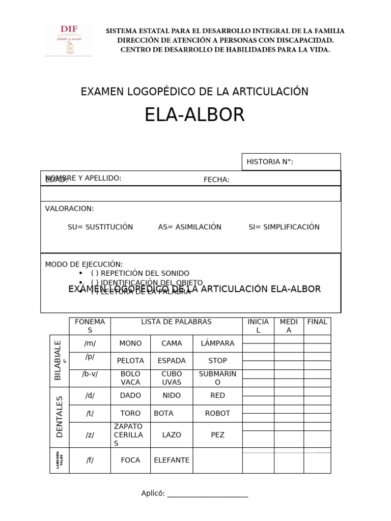 Examen Logopédico ELA-Albor | PDF