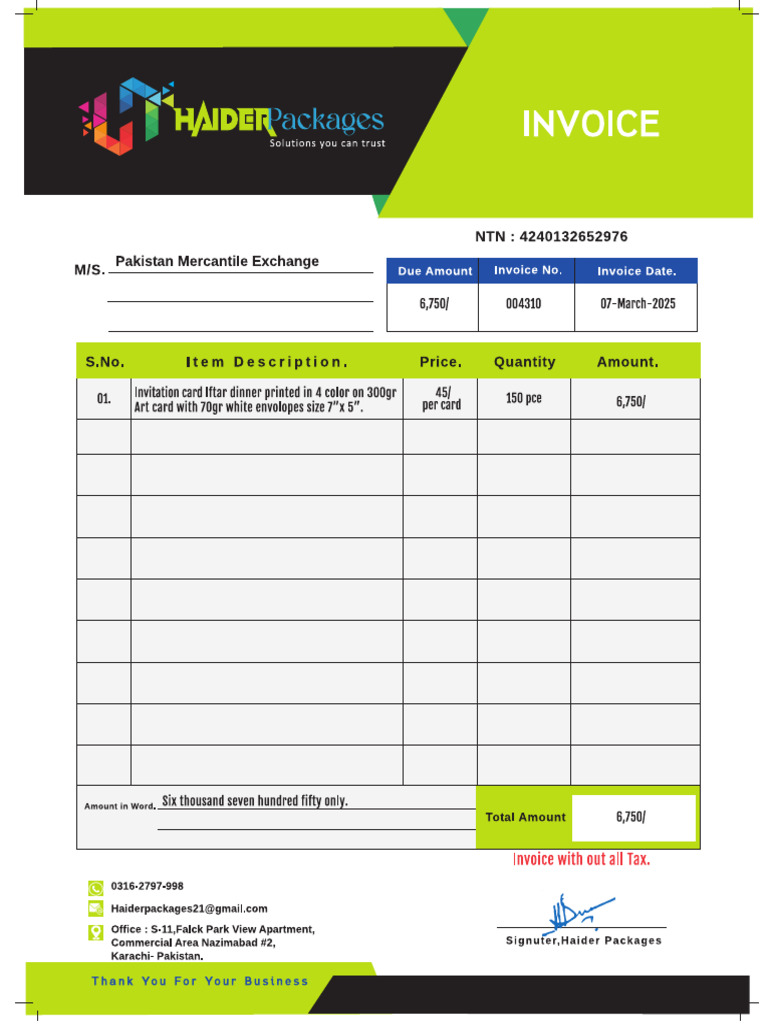 Pmex Invoice For Iftar Dinner Card | PDF