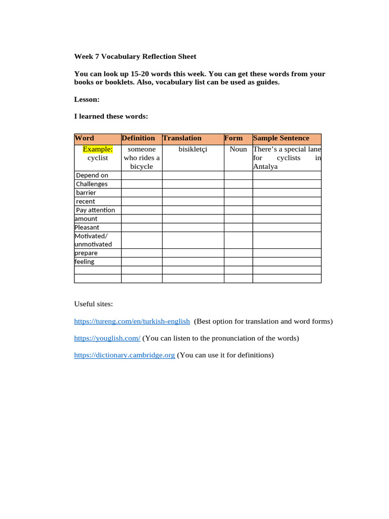 Week 7 Vocabulary Reflection Guide | PDF