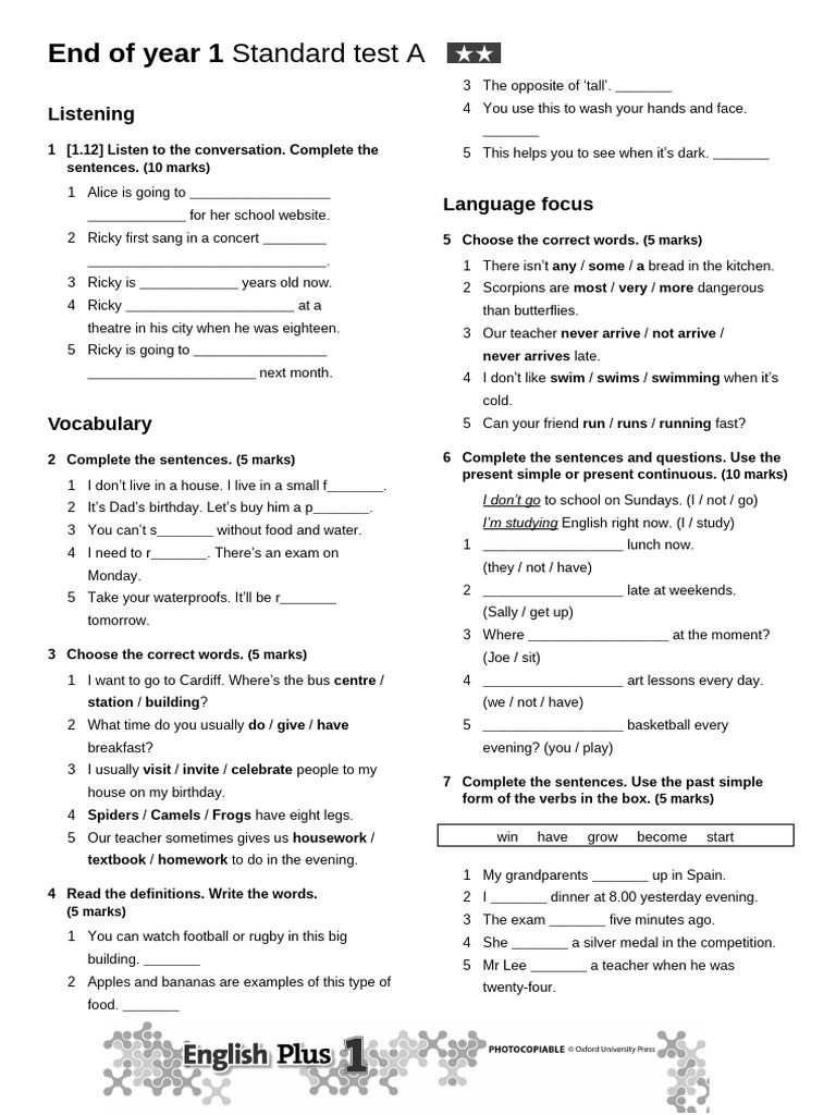 Year 1 English Standard Test A | PDF | Linguistics