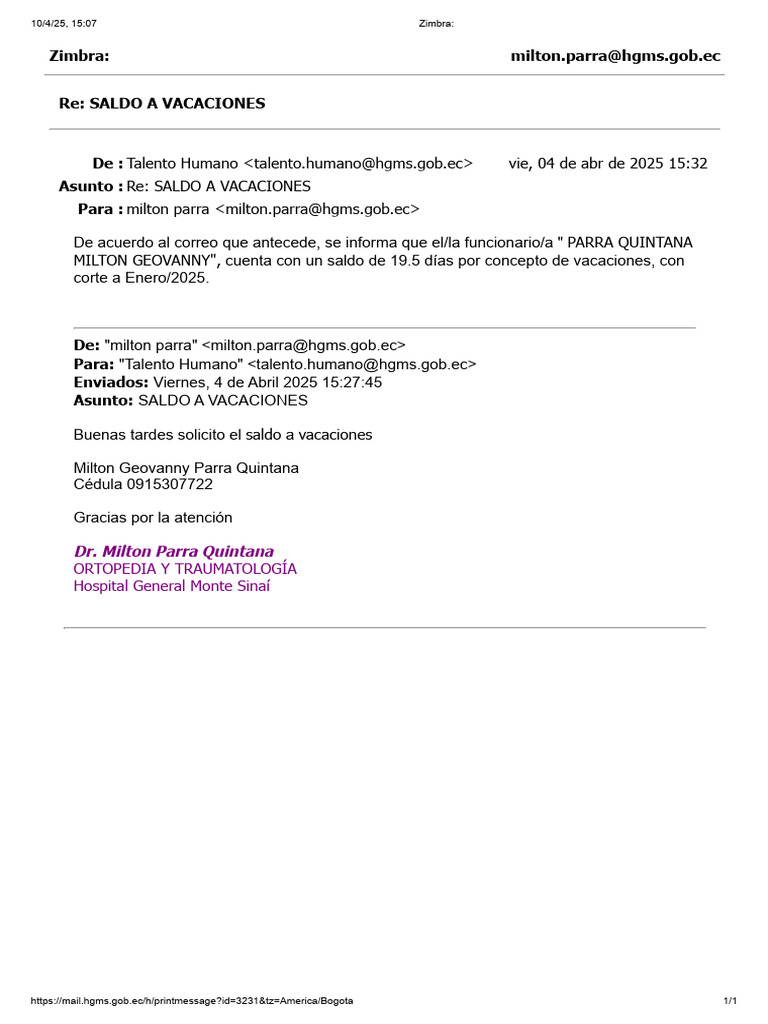 Saldo de Vacaciones de Milton Parra | PDF