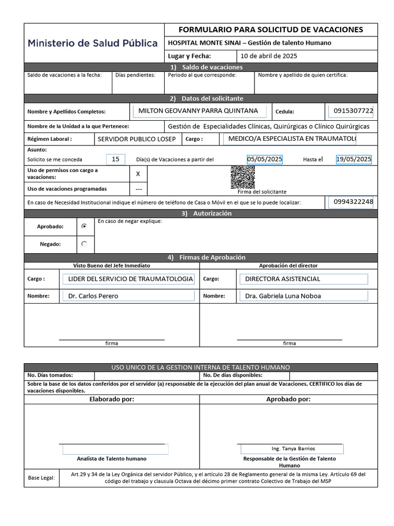 FORMULARIO PARA SOLICITUD DE VACACIONES DR MILTON PARRA Q-signed | PDF
