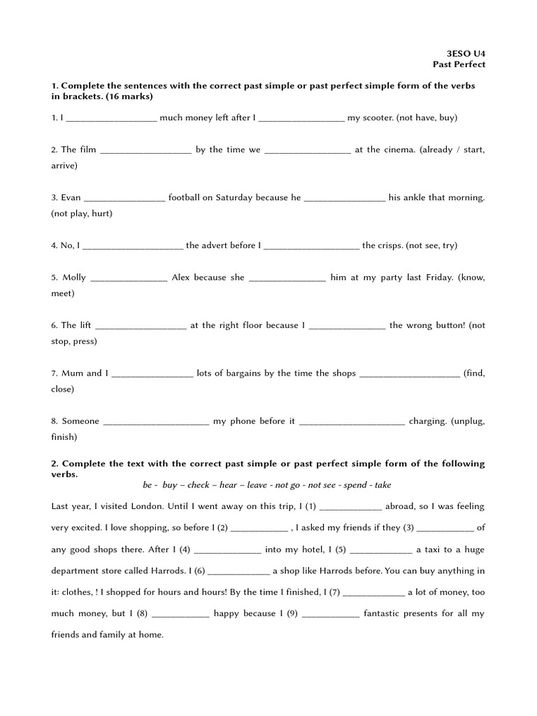 Past Perfect U4 exercises | PDF