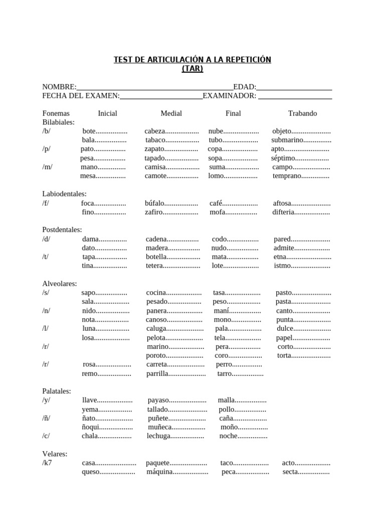 Test DE Articulación A LA Repetición (TAR) | PDF