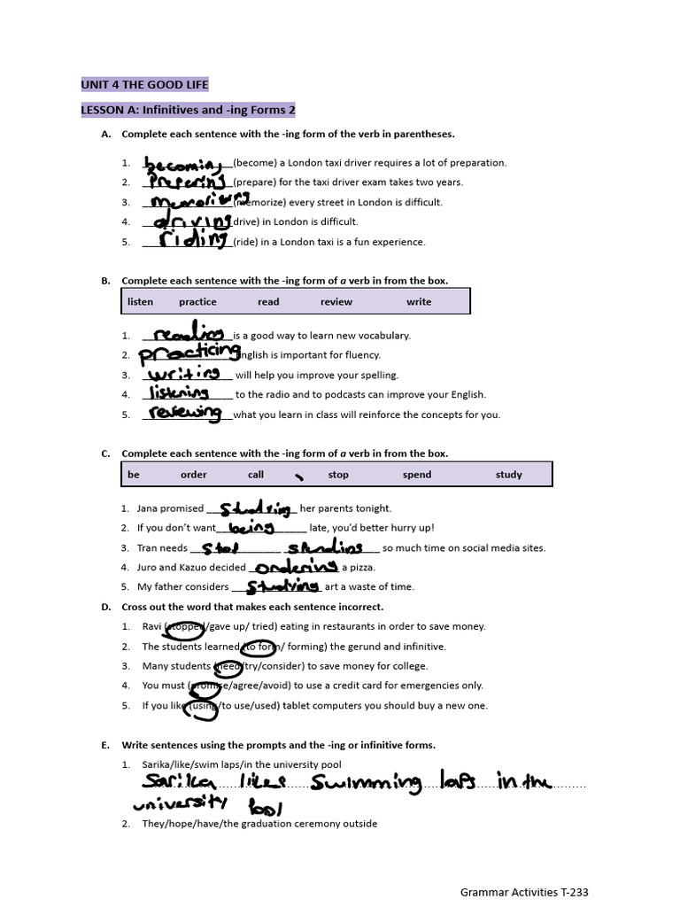 UNIT 4 THE GOOD LIFE - Lesson A Grammar Handout | PDF | Learning | Human Communication
