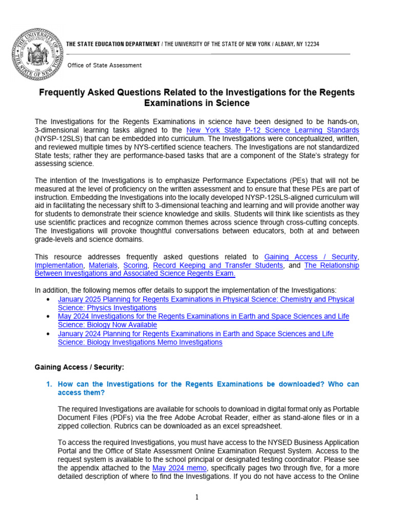 FAQs on NYS Science Investigations | PDF | Educational Assessment ...