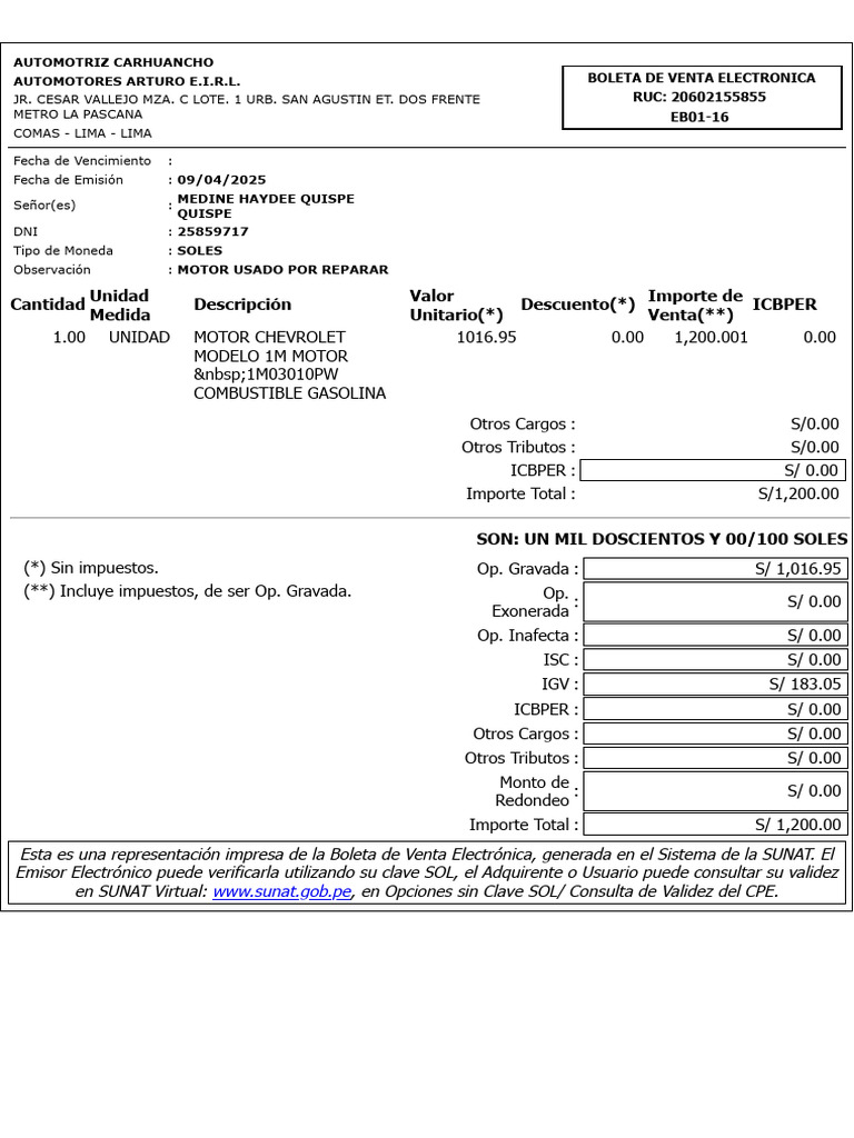 Boleta de Venta Electronica - Impresion - EB01-016 ARTURO | PDF