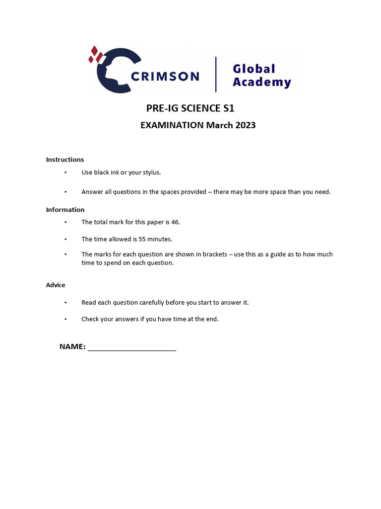 Pre IG s1 Exam 3 Questionpaper 2023 | PDF | Atoms | Water