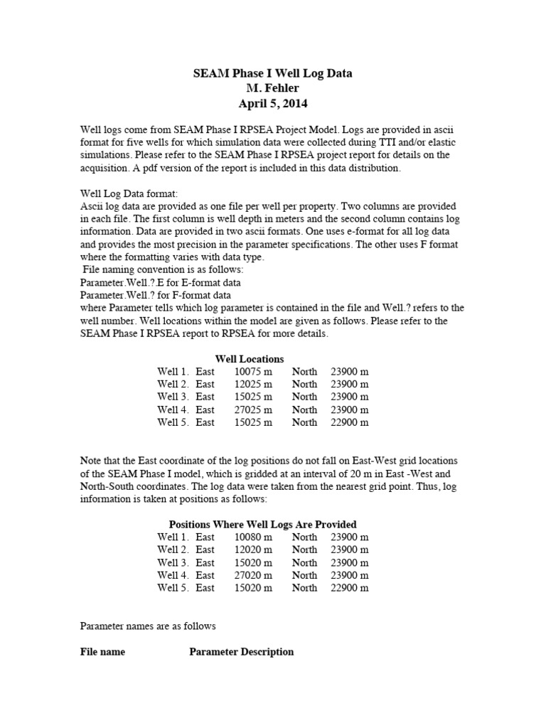 SEAM Phase I Well Log Data Overview | PDF