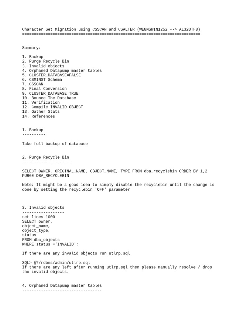 Character Set Migration using CSSCAN and CSALTER | PDF | Relational Database | Databases