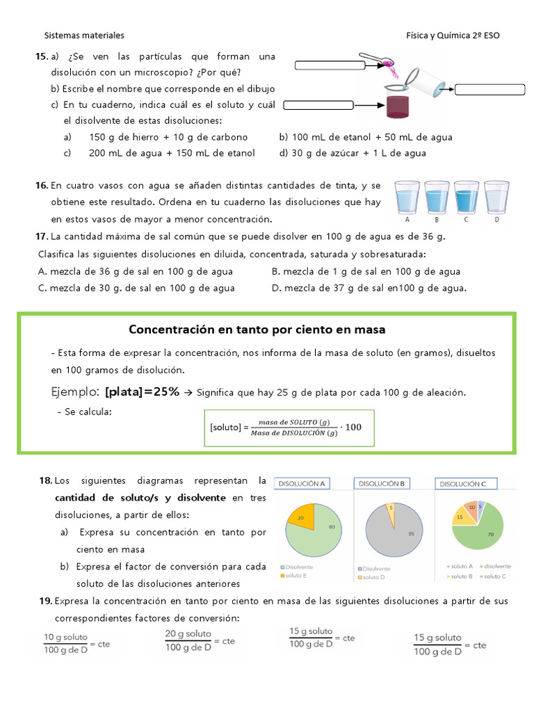 2º ESO - HOJA 3 Ejercicios Tema 3 - 2024 - 25 DISOLUCIONES | PDF | Concentración | Materiales