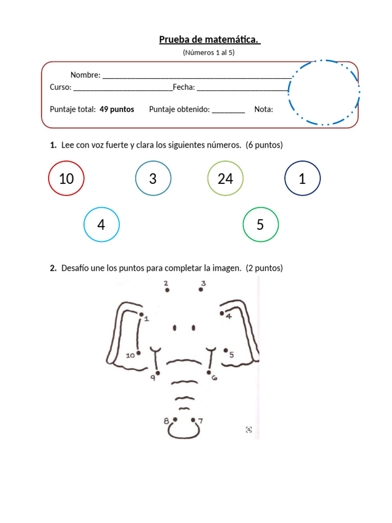 Prueba Numeros 1 Al 5 Iam Agosto | PDF