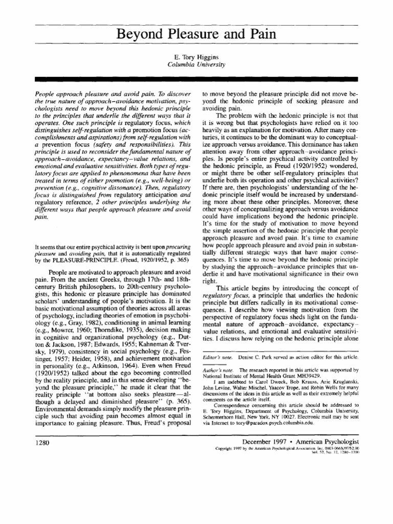 Beyond Pleasure and Pain (Higgins1997) | PDF | Pleasure | Hedonism