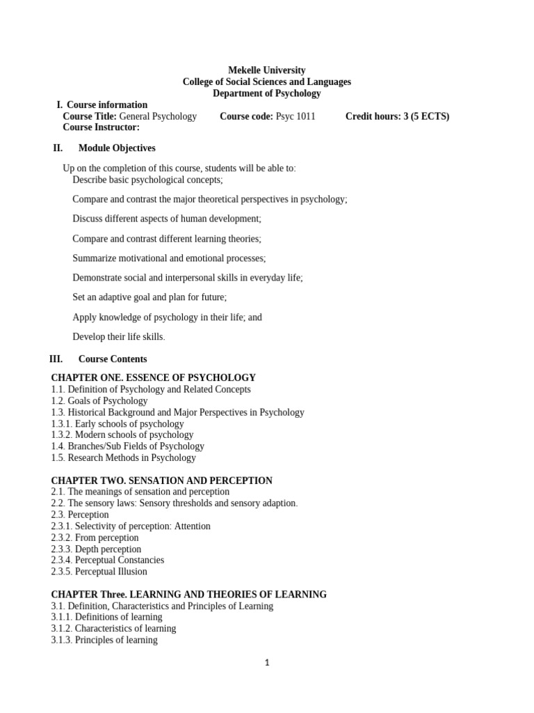 General Psychology Course Overview | PDF | Perception | Psychology