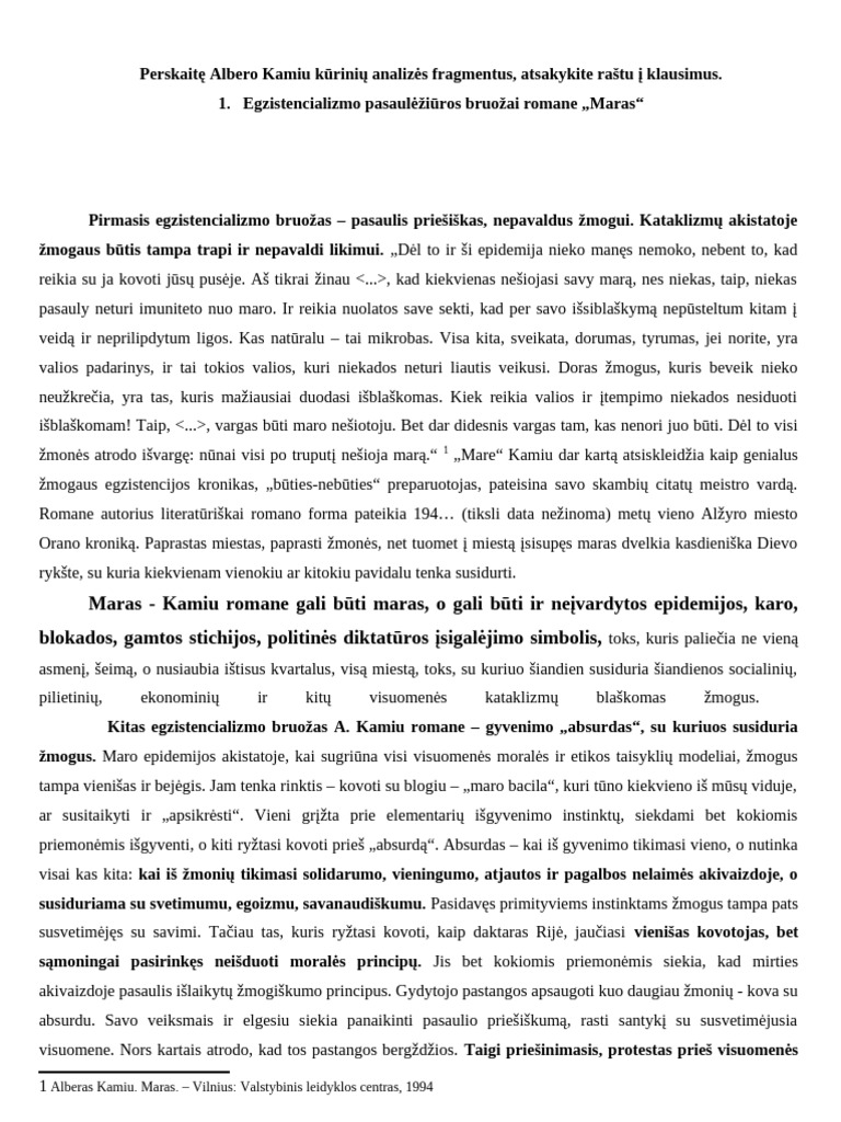 Kamiu. Egzistencializmo Ženklai. Maras. Kamiu | PDF