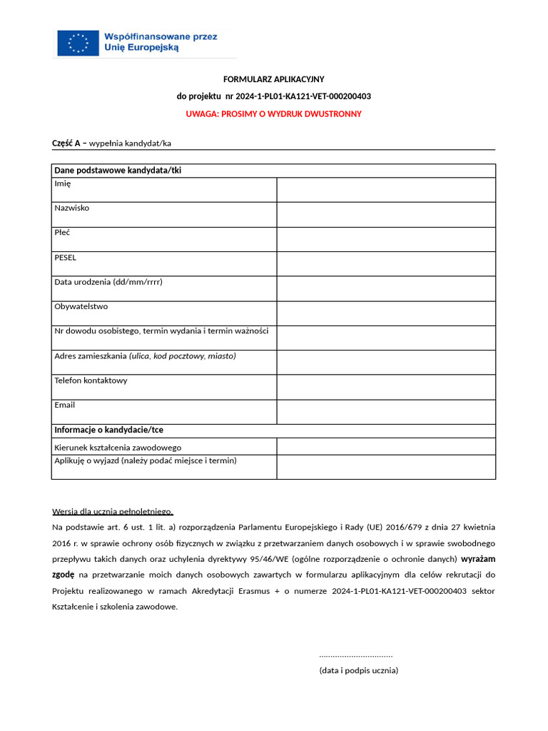Formularz APLIKACYJNY-Akredytacja ZS2 Uczniowie.2024 8 | PDF