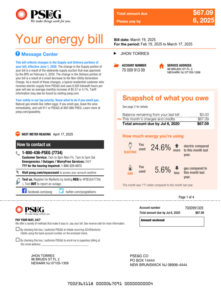 PSEG Sample Electric Bill | PDF | Taxes | Credit Card