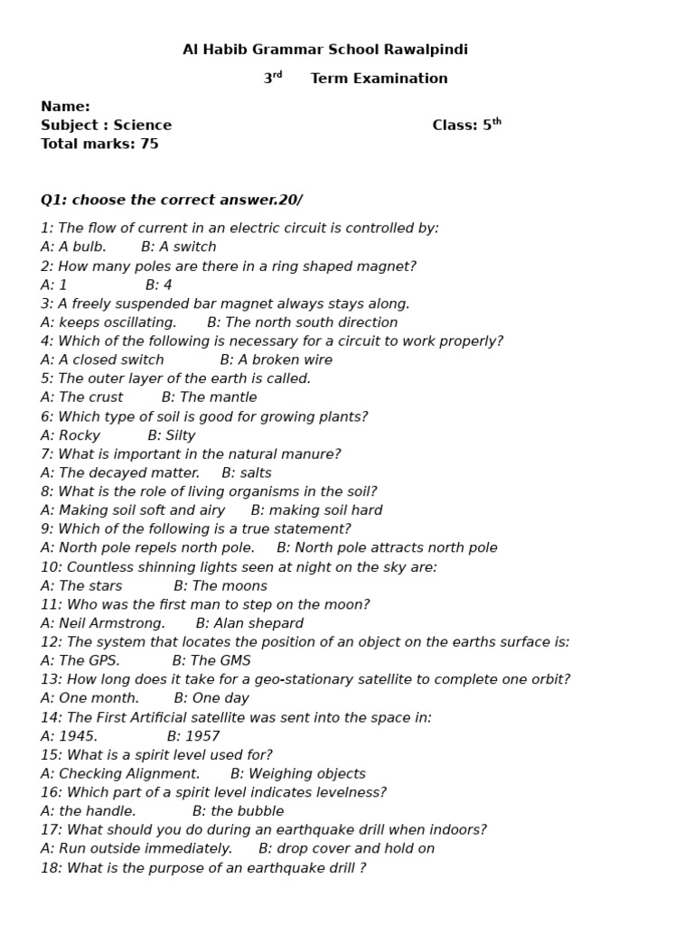 final term science class 5th | PDF | Earth | Satellite