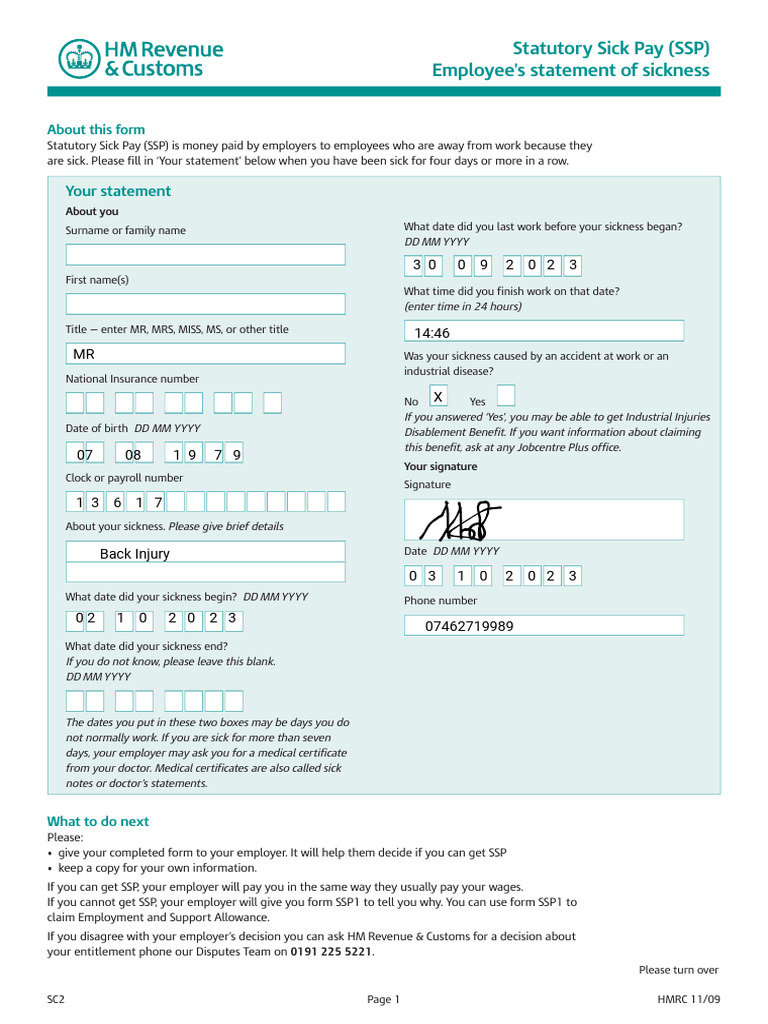 Self Certification Form (SSP) | PDF | Employment | Sick Leave