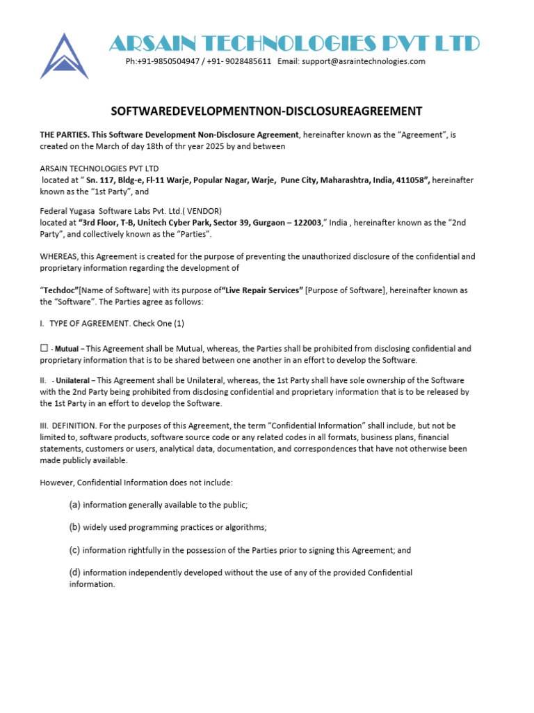Yugasa Software Labs PVT LTD | PDF | Non Disclosure Agreement | Civil Law (Legal System)