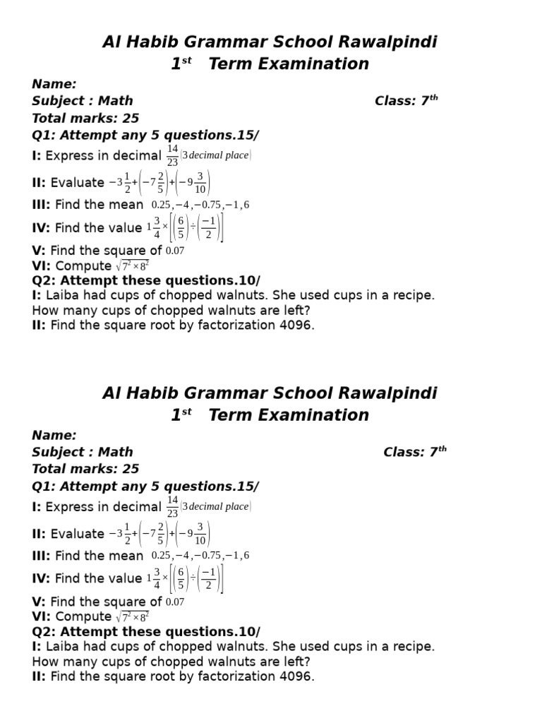 First Term Class 7th Math | PDF