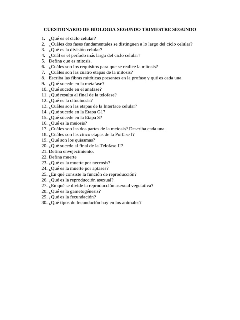 CUESTIONARIO DE BIOLOGIA | PDF