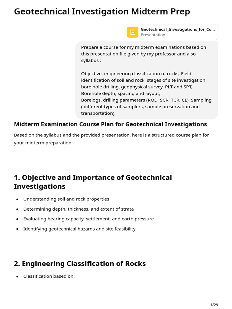 Geotechnical Investigation Midterm Prep | PDF | Geotechnical Engineering | Borehole