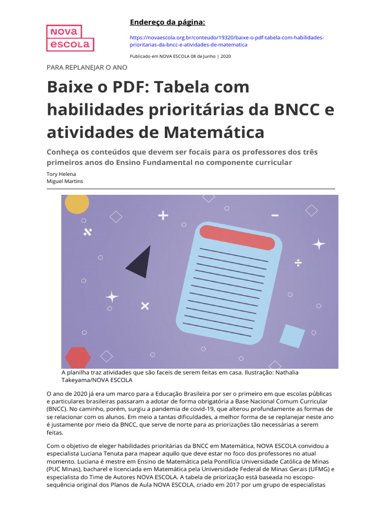 Baixe o PDF Tabela Com Habilidades Prioritarias Da BNCC e Atividades de Matematica | PDF ...