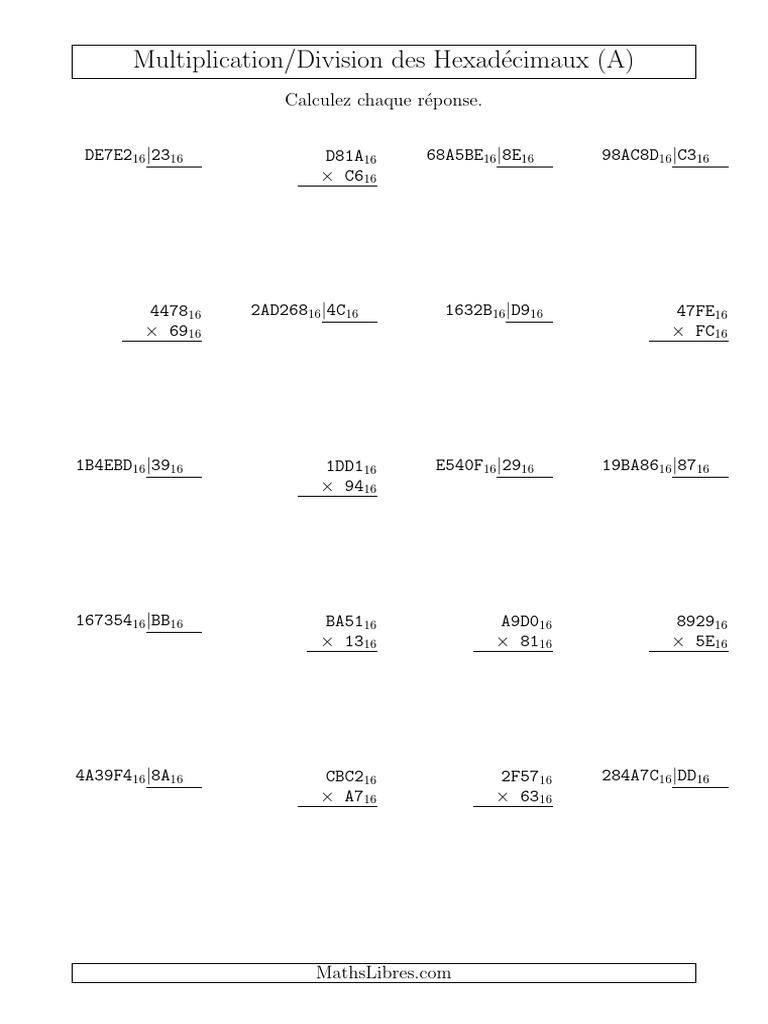 Mul Div Nombres Hexadecimaux b16 001.1458694225 | PDF