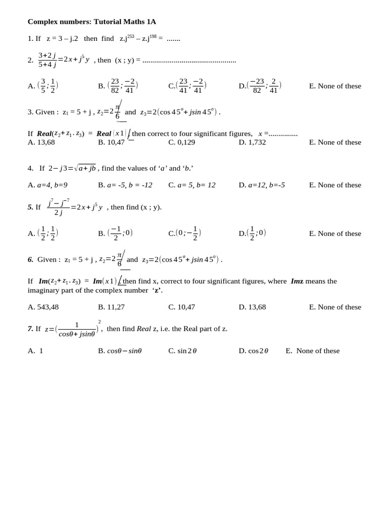 Complex Numbers Tut 1A | PDF