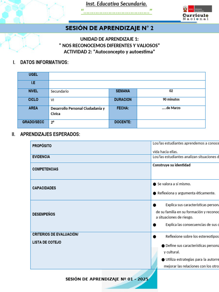 01. SESIÓN 2 (U1) (2° grado) - DPCC | PDF | Aprendizaje | Autoestima