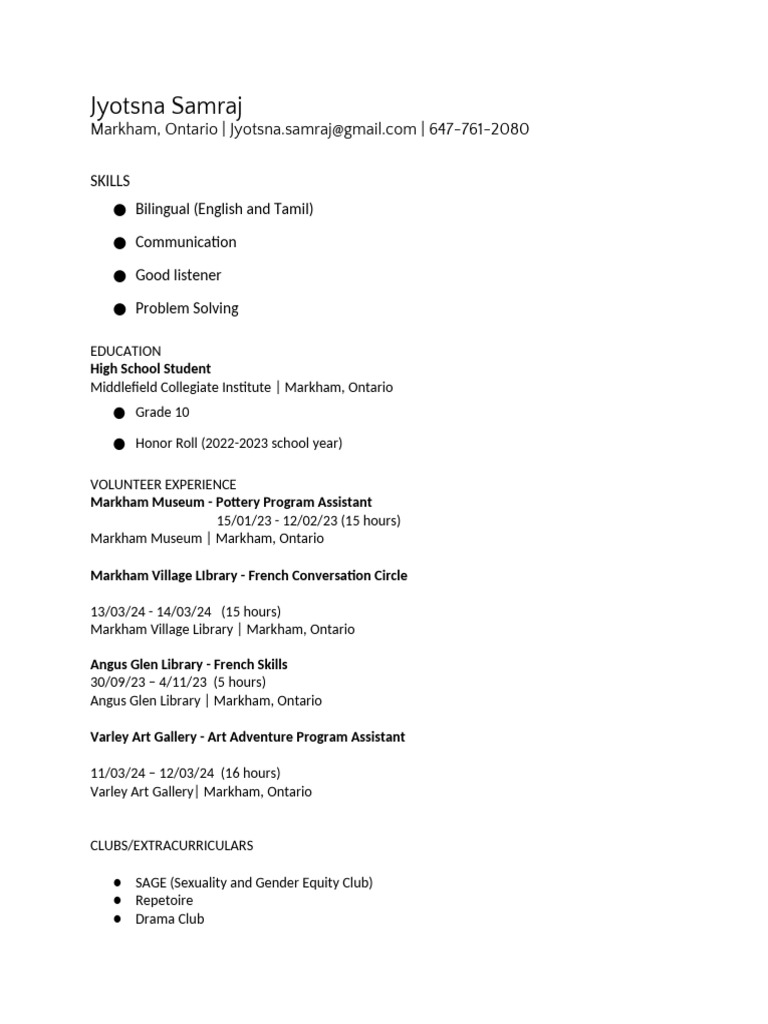 Jyotsna Samraj: Student Resume Overview | PDF