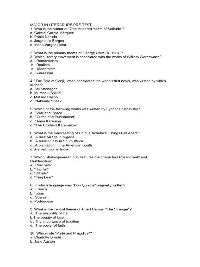 Literature Pre-Test Questions and Answers | PDF | American Literature